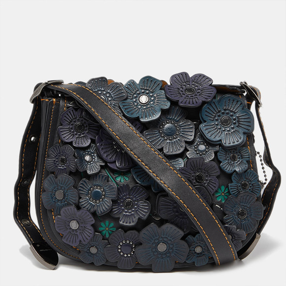 Coach | Bags | Coach Blackblue Leather Floral Applique Saddle Crossbody ...